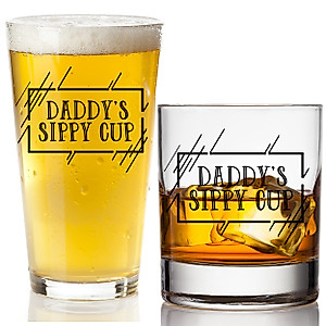 Daddy’s Sippy Cup Whiskey & Beer Glass Gift Set - Funny New Dad Gifts for First Time Parents - Unique Christmas, Fathers Day, or Birthday Gift for Expecting Father