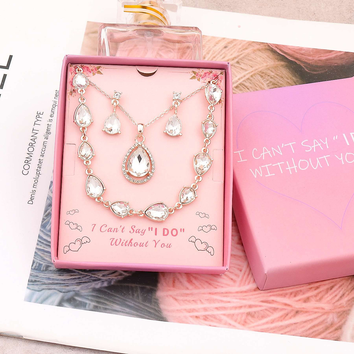 SPRJF Bridesmaid Jewelry Set for Women Pendant 18K Gold & Silver & Rose Gold Pendant Necklace Earrings Bracelet Set,Dainty Gift for Wedding/Proposal/Party/Prom/Anniversary