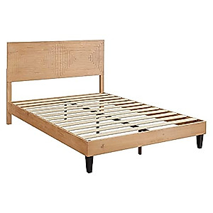 MUSEHOMEINC Mid Century Modern Solid Wood Platform Bed,King Size Bed Frame with Adjustable Height Headboard, Wood Slat Support Bed Frame, Bed Frame No Box Spring Needed