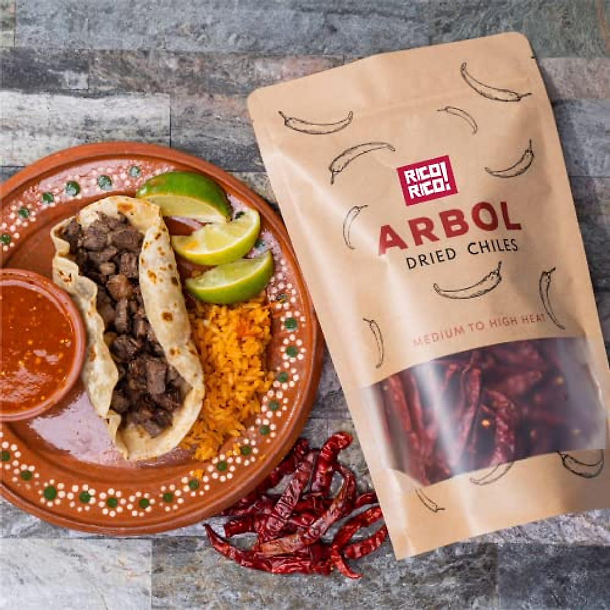 RICO RICO - Chile de Arbol 4 oz - Dried Whole Red Chili Peppers, Premium Dried Chiles, Spicy Hot Heat, Use in Mexican, Chinese and Thai Dishes, Packaged in Resealable Kraft Bag by RICO RICO