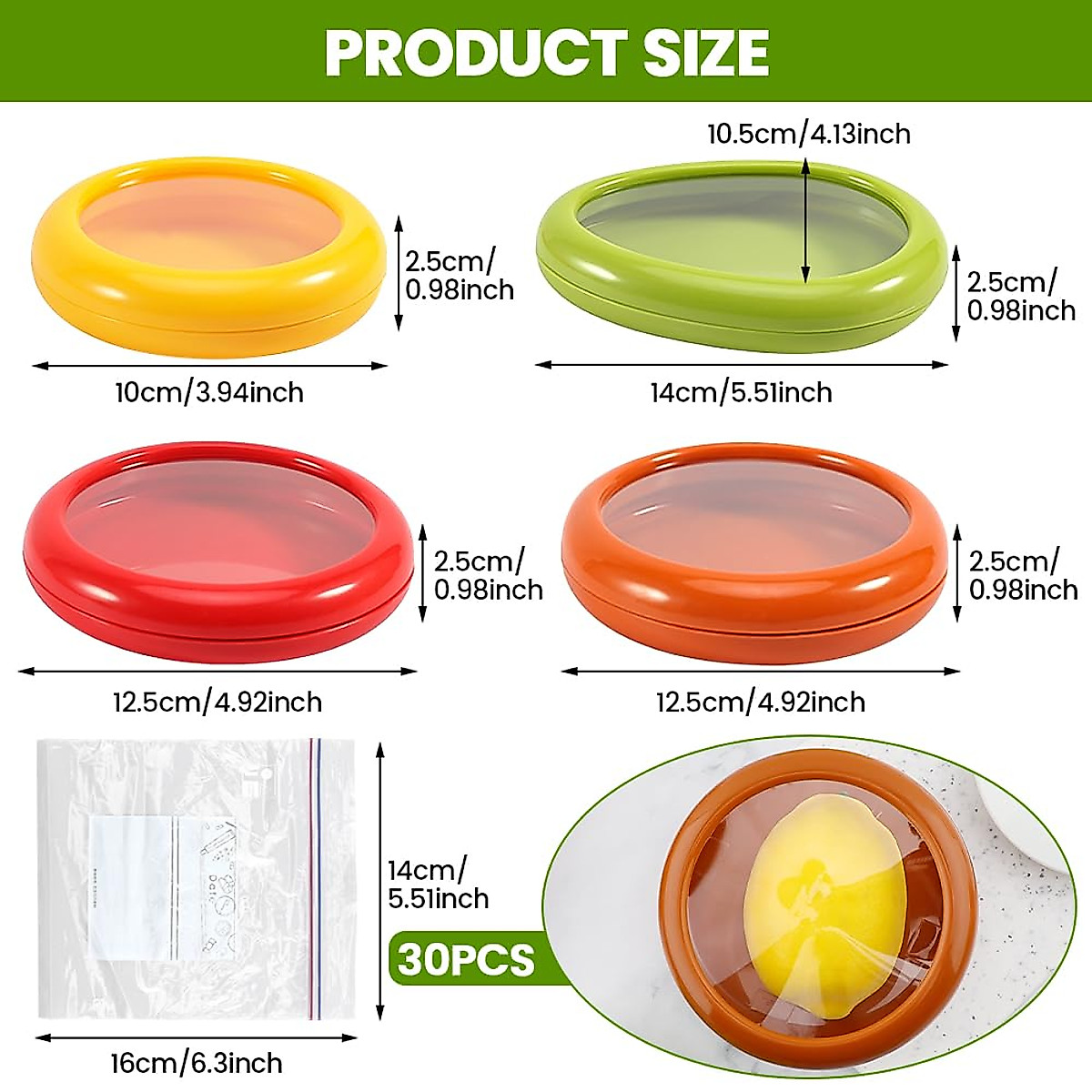 4 Pcs Avocado Saver, Avocado Storage Container with 30 Freezer Bags, Fruit Storage Containers for Fridge, Reusable Refrigerator Storage Box Fresh Stretch Pod for Vegetable Crispe