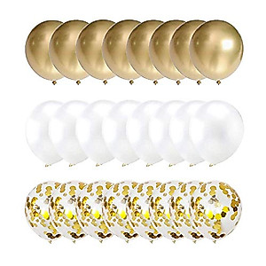 50 Pcs Balloons Set for Parties, Gold Confetti, White and Gold Chrome Pearl Balloon Party Decorations, Baby Shower Décor, Pack of 50 Thick Balloons, Gold Curling Ribbon, Natural Latex