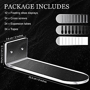 Floating Shoe Display Set of 12 for Wall Mount, Includes Acrylic Floating Shoe Shelves Floating Sneaker Stands Shelves Shoe Organizers with Cross Screws, Expansion Tubes and Tapes (Clear,0.24 Inch)