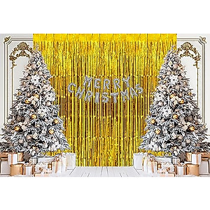 MEHOFOND 2 Pack 3.3x6.6 ft Gold Tinsel 2025 New Year Eve Streamers Party Decorations Foil Fringe Curtain Backdrop for Birthday Wedding Bachelorette Engagement Photo Props