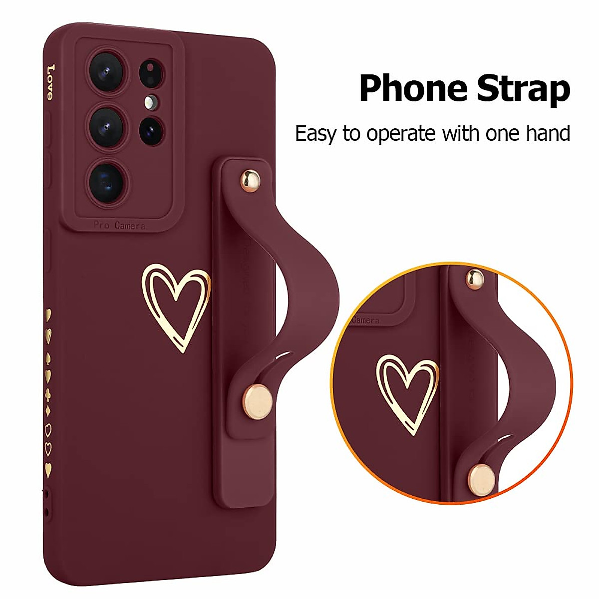 Fiyart Designed for Samsung Galaxy S21 Ultra Case with Phone Stand Holder Cute Love Hearts Protective Camera Protection Cover with Wrist Strap for Women Girls for Galaxy S21 Ultra 6.8"-Wine Red