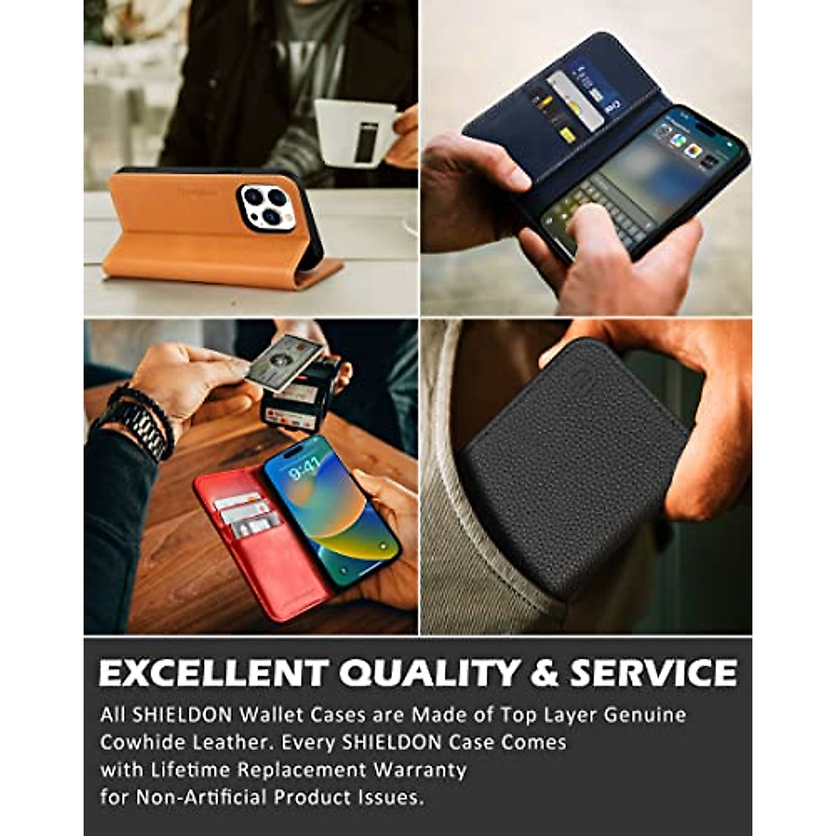 SHIELDON Case for iPhone 14 Pro Max 5G 6.7", Genuine Leather iPhone 14 Pro Max Wallet Case Flip Cover RFID Blocking Card Slots Magnetic Closure Case Compatible with iPhone 14 Pro Max 2022 - Black