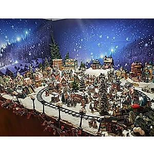 Leowefowa 5X3FT Christmas Backdrop Rustic Village Night View Forest Trees Snowing Shining Lights Blue Sky Winter Xmas Vinyl Photography Background Kids Children Newborn Photo Studio Props