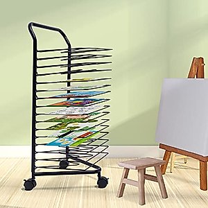 DNYSYSJ Art Drying Rack for Classroom, Paint Drying Rack Art 16 Shelves Metal Artwork Storage Display Rack with Wheels (Black)