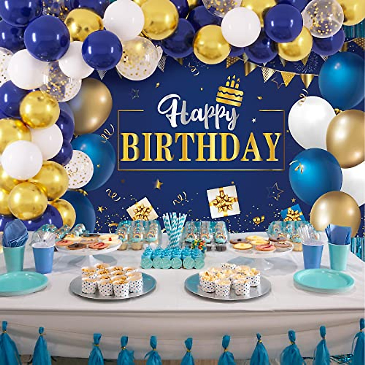Rubfac Navy Blue Birthday Decorations Happy Birthday Backdrop with 70pc Navy Blue Gold and White Balloon Garland Kit Photo Backdrop Background for Birthday Party Decoration Supplies