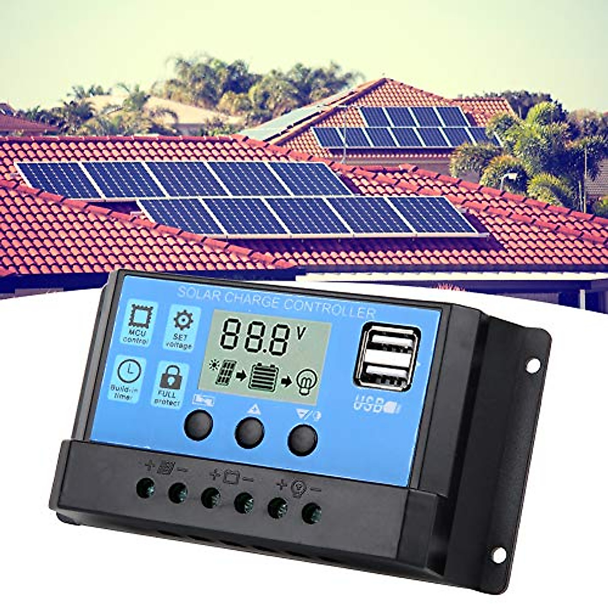 Solar Charge Controller 40A Automatic PWM LCD Solar Charging Regulator PV System Connection with Dual USB Output