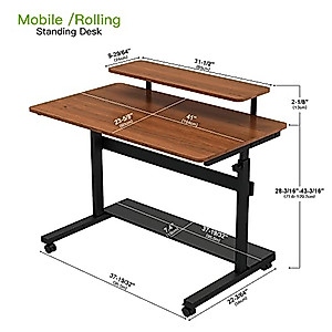 DESIGNA Height Adjustable Stand Up Computer Desk, 41'' Mobile Standing Desk Store Rolling Sit Stand Work Station for Home Office with Wheels CPU Stand Monitor Shelf & Detachable Hutch,Teak