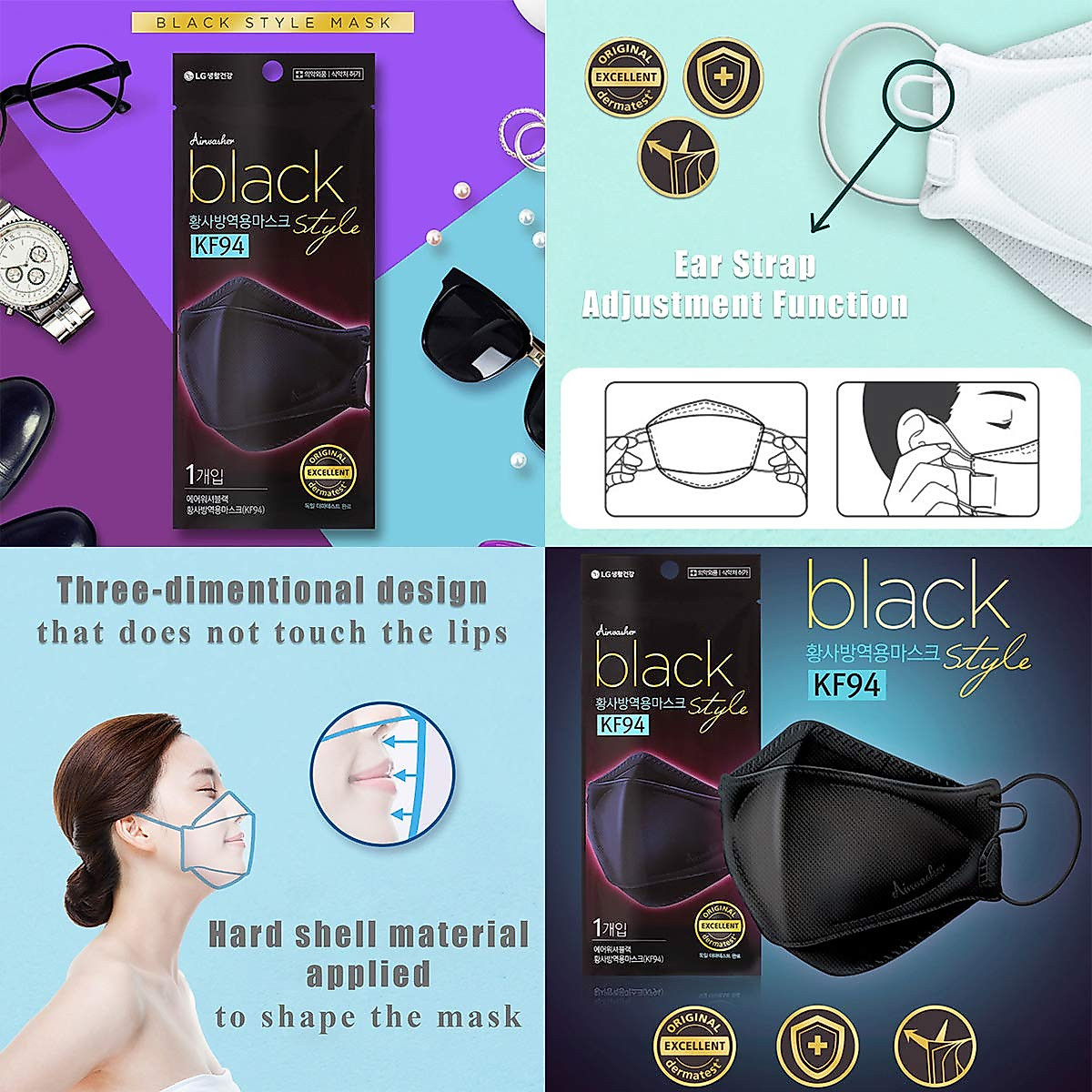 [LG Airwasher] KF94 Disposable Face Mask, 10 Pack - Made in Korea, Black Breathable Reusable Face Mask, Individually Wrapped 4-Ply Adjustable Cloth Masks