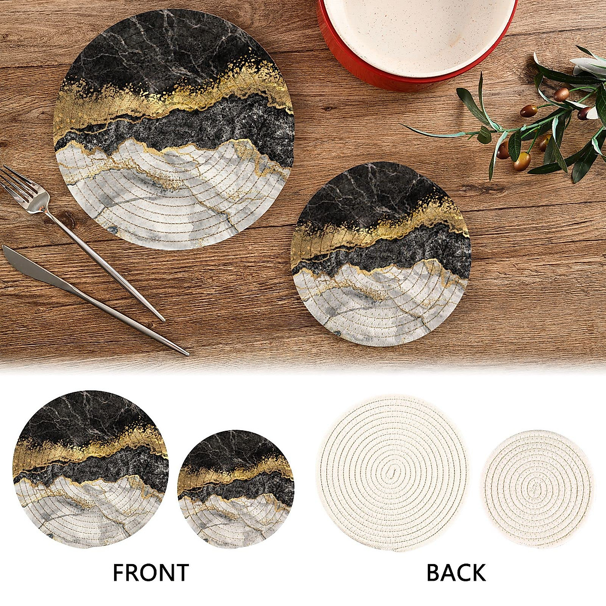 Kitchen Pot Holders Set Round Cotton Potholders Hot Pads, Hot Mats Gold Black Marble for Hot Dishes Pot Bowl Teapot