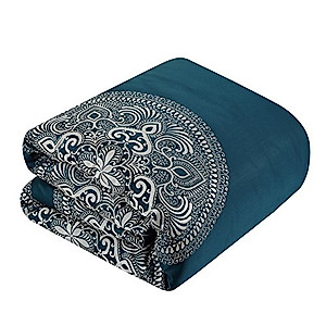 Chic Home CS2687-AN Chic Home 9 Piece Orchard Place Faux Silk Luxury Large Medalion Jacquard with Embroidery Details and Trims Queen Comforter Set Blue