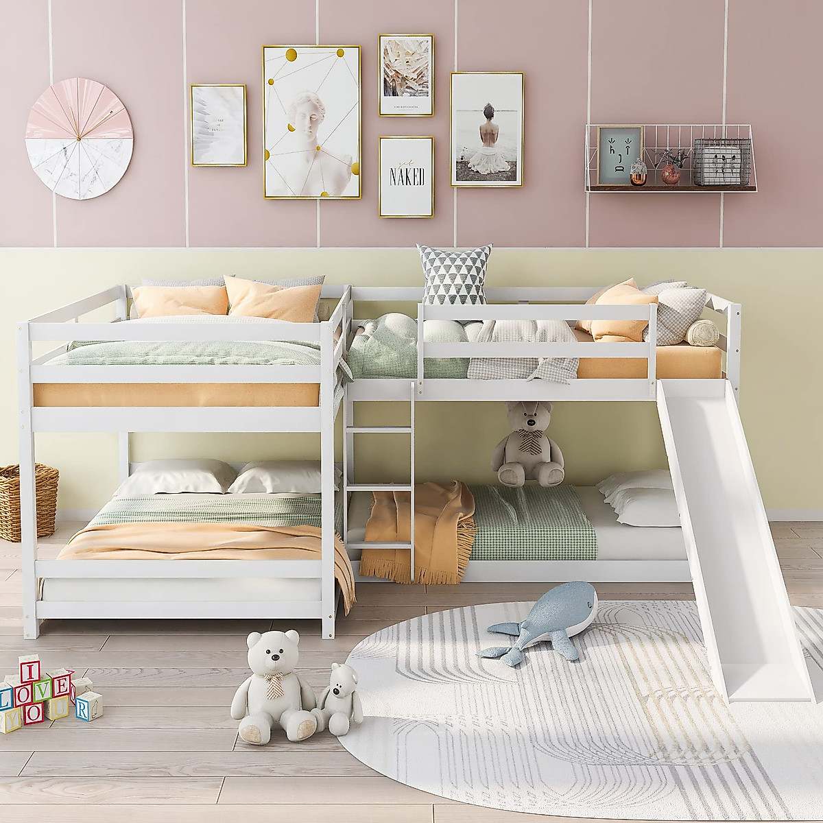L-Shaped Bunk Beds for 4, Full over Twin Bunk Beds with Slide, Solid Wood Quad Bunk Bed for Kids, Teens, Adults, White
