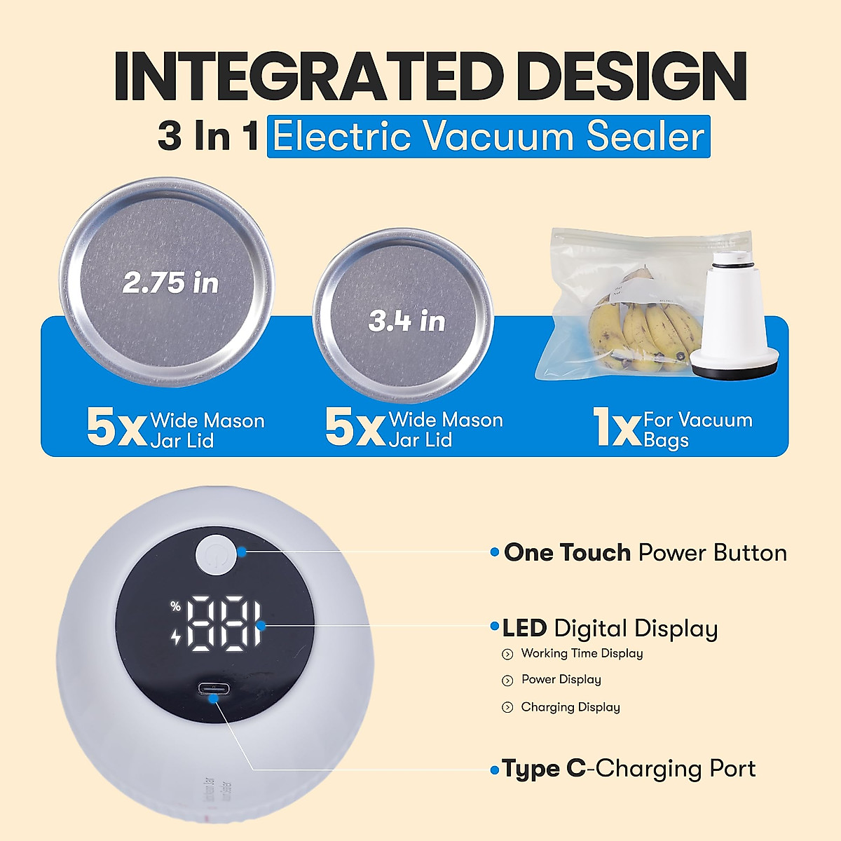 Electric Mason Jar Vacuum Sealer Kit, 3-in-1 Strong Suction, Handheld Rechargeable Sealer for Wide and Regular Mouth Mason Jars, Vacuum Bags, Jar Vacuum Sealer for Food Storage, Canning (White)