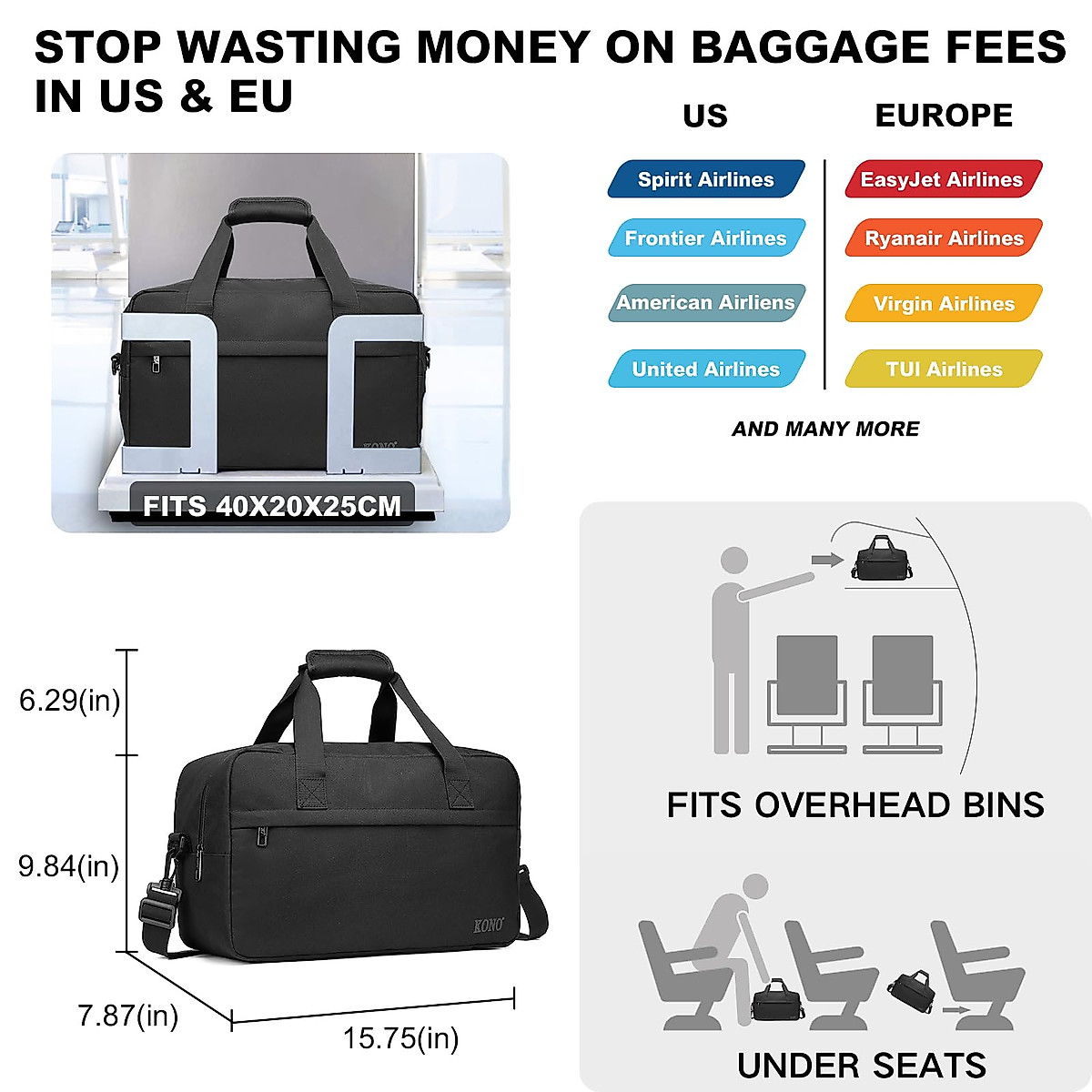 Kono Travel Duffel Bag 20L Under Seat Carry-on Bag Sports Tote Gym Bag Weekender Overnight Bags 15.75"x9.84"x7.87" Black