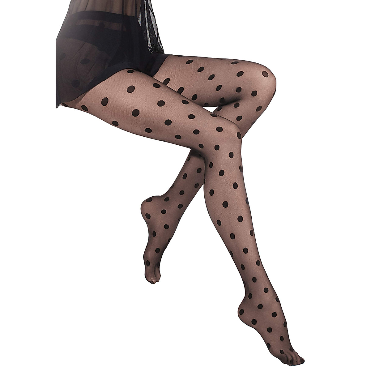 POLKA DOT TIGHTS | Womens Black Sheer Patterned Tights | FUNNY 07 (Made in Europe) (Black, 4(L)