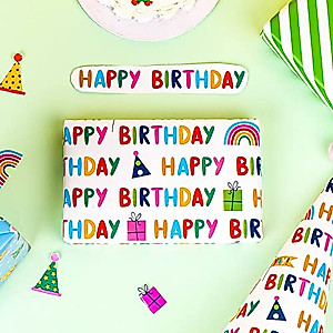 WRAPAHOLIC Birthday Wrapping Paper Roll - Mini Roll - 3 Rolls - 17 Inch X 120 Inch Per Roll - Happy Birthday Lettering and Stripe for Kid's Birthday, Baby Shower