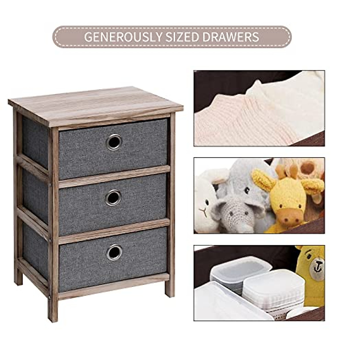 Babion Nightstands Set of 2, Bedside Tables for Bedroom Night Stand with Removable 3 Drawer Nightstand Gray Side Tables Bedroom Small Nightstand with Fabric Storage Drawers Wood Frame (Gray)