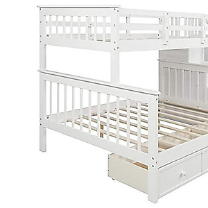 Flieks Twin-Over-Full Bunk Bed with Drawer,4 Storage and Guard Rail, Twin-Over-Full Bunk Bed for Bedroom, Dorm, for Family,Teens,No Box Spring Needed