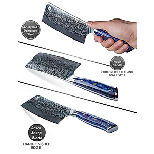 SANMUZUO Chopping Knife - 7 inch Cleaver Knife- Xuan Series - VG10 Damascus Steel Kitchen Knife - Resin Handle (Sapphire Blue)