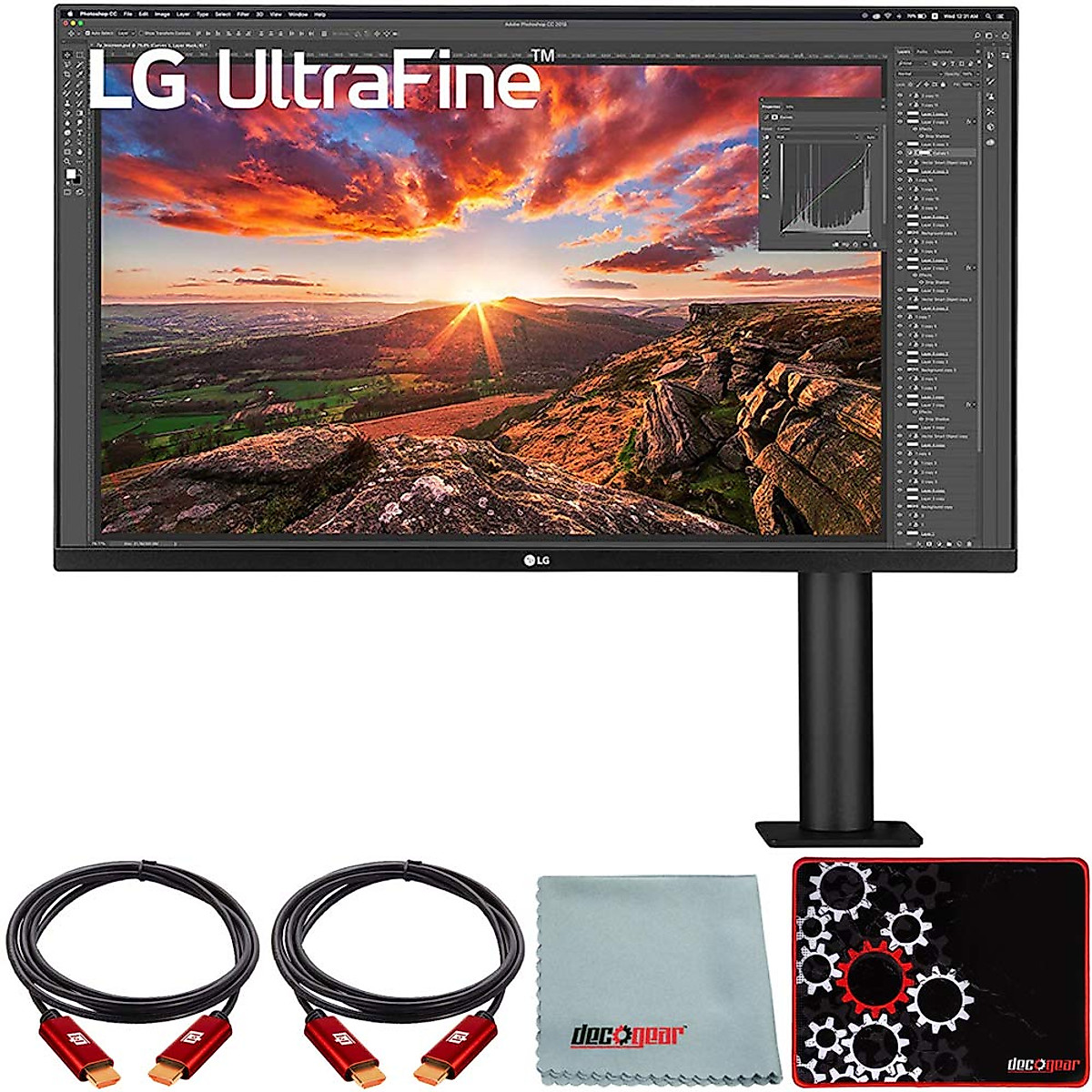LG 32UN880-B 32 inch Ultrafine Display Ergo Stand UHD 4K HDR10 Monitor Bundle with Deco Gear HDMI Cable 2 Pack + Gamer Surface Mousepad + Screen Cloth