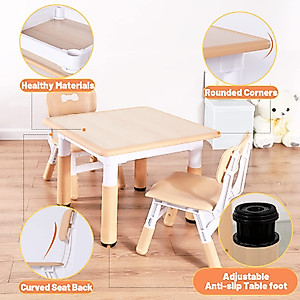 FUNLIO Kids Table and 4 Chairs Set, Height Adjustable Toddler Table and Chair Set for Ages 3-8, Easy to Wipe Arts & Crafts Table, for Classrooms/Daycares/Homes, CPC & CE Approved（5-Piece Set）