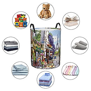 Round Single Paris Street Scene Eiffel Tower Dirty Laundry Hamper,Storage Bin Organizer Laundry Hamper Portable Laundry