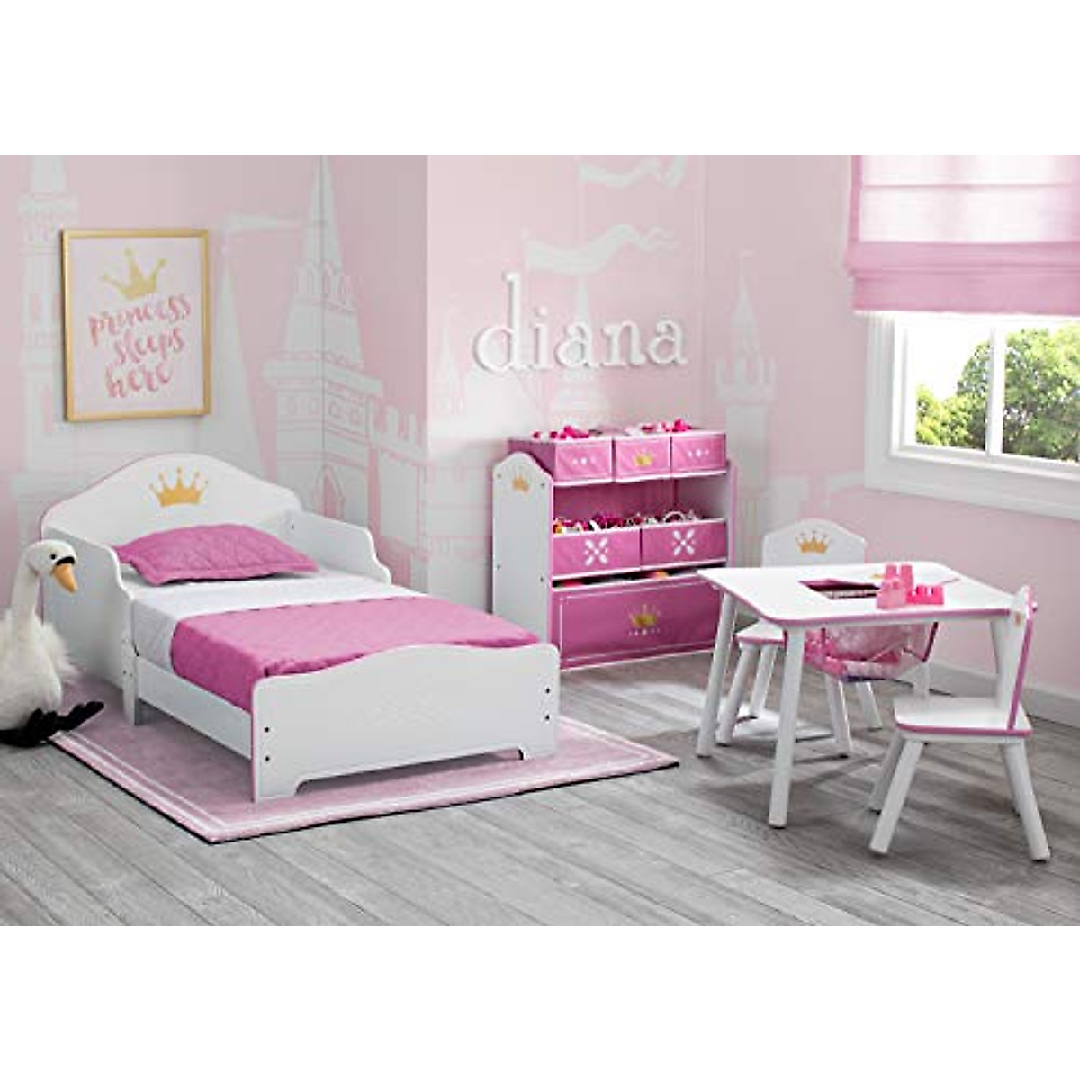 Delta Children Princess Crown Wood Toddler Bed - Greenguard Gold Certified, White/Pink