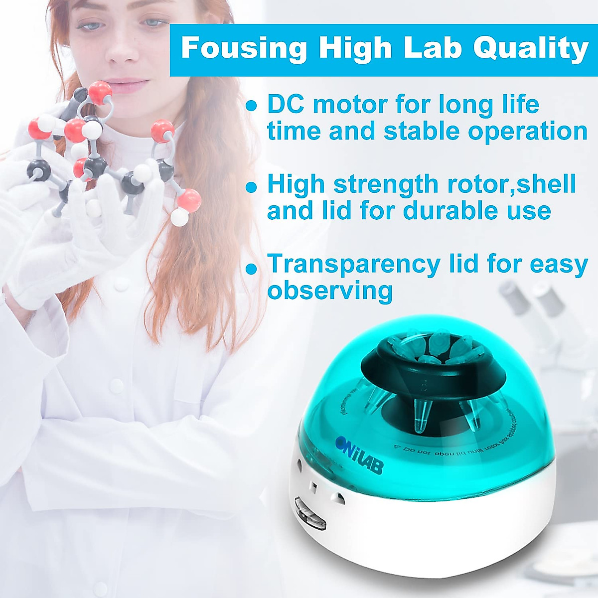 ONiLAB's Scientific Mini Centrifuge 5000RPM, 1360 x g RCF, Lab Benchtop Centrifuge with 2 Rotors for 8 x 0.2/0.5/1.5/2.0ml and 0.2mL×32 PCR Strips, Low Noise≤45dB, 100-240V,Green lid