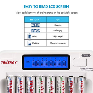 Tenergy AA AAA Rechargeable Battery and Charger Combo TN162 8-Bay Smart LCD AA/AAA NiMH/NiCd Charger + 8 AA & 8 AAA NiMH Rechargeable Batteries