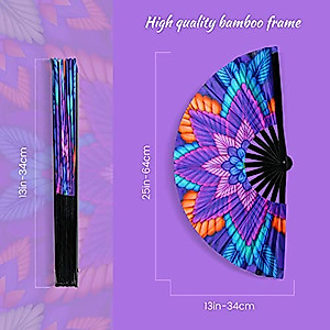 SYNTECSO Folding Hand Fan for Rave, UV Glow Fan, Large Bamboo Fan for Drag Queene, Women and Men Gift，Chinese Japanese Clack Fan for Parties, Music Festivals, EDM and Decoration