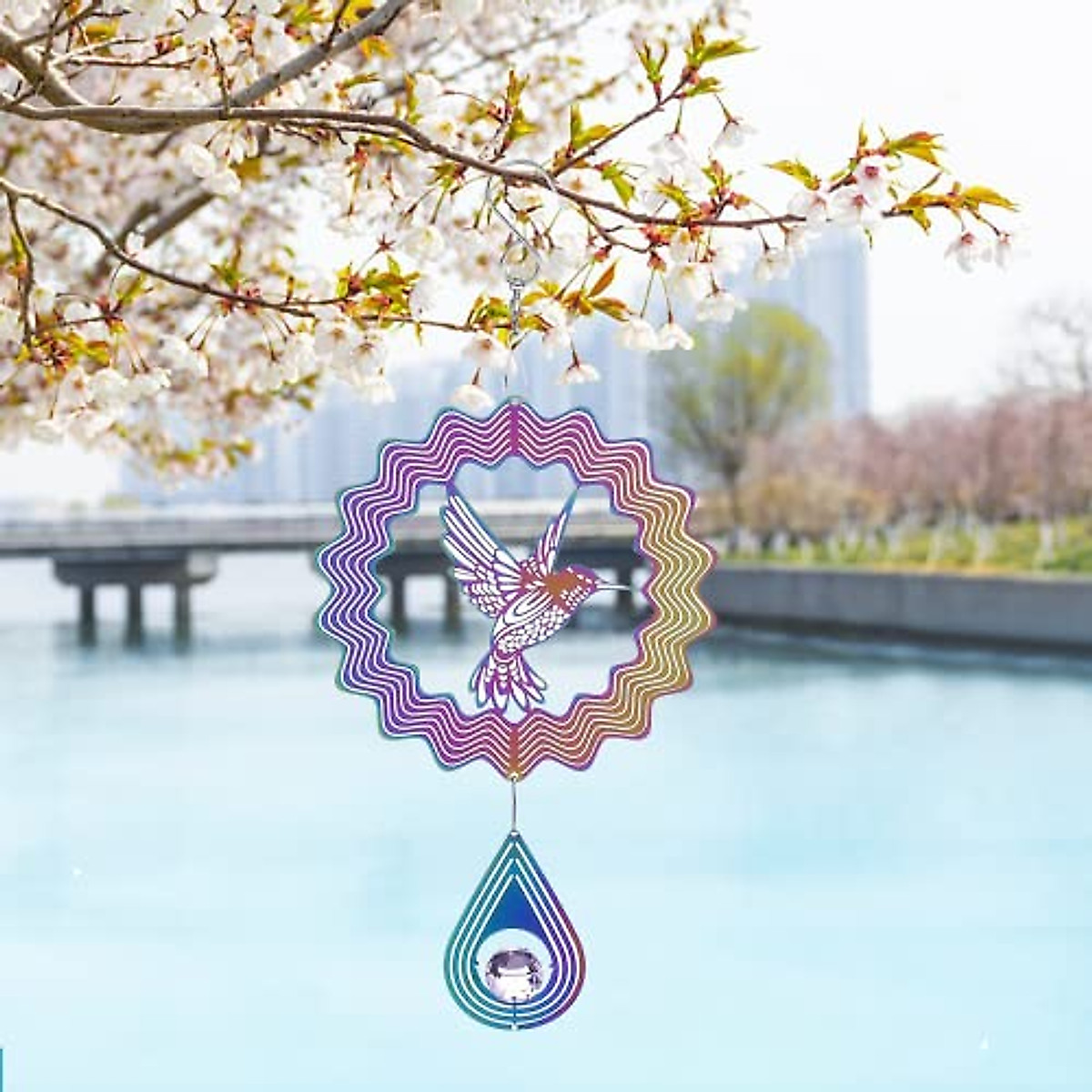 BusyLittleBee Hummingbird Wind Spinners Hanging for Yard and Garden Outdoor Decorations 3D Stainless Steel Metal Decor Outside Porch Patio Balcony Kinetic Sculpture Art Ornaments Small Whirligigs