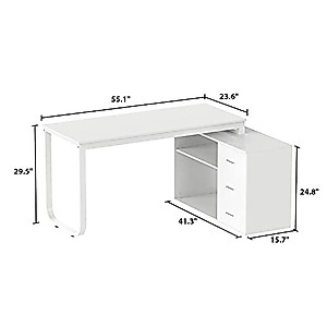Homsee Home Office Computer Desk Corner Desk with 3 Drawers and 2 Shelves, 55 Inch Large L-Shaped Study Writing Table with Storage Cabinet - White