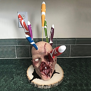 Horror Skeleton Knife Stand, Halloween Skull Kitchen Knife Block, Kitchen Storage Head Holder, Kitchen Fruit Storage Rack Ornament, Party Fruit Storage Rack Ornament (Khaki)