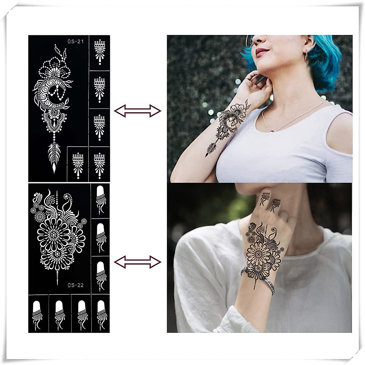 QSTOHENA 9 Sheets Henna Tattoo Stencils kit for Hand Reusable, Mehndi Temporary Tattoo Adhesive Templates Flower stencils for Women Girls Face Body Finger Art Paint
