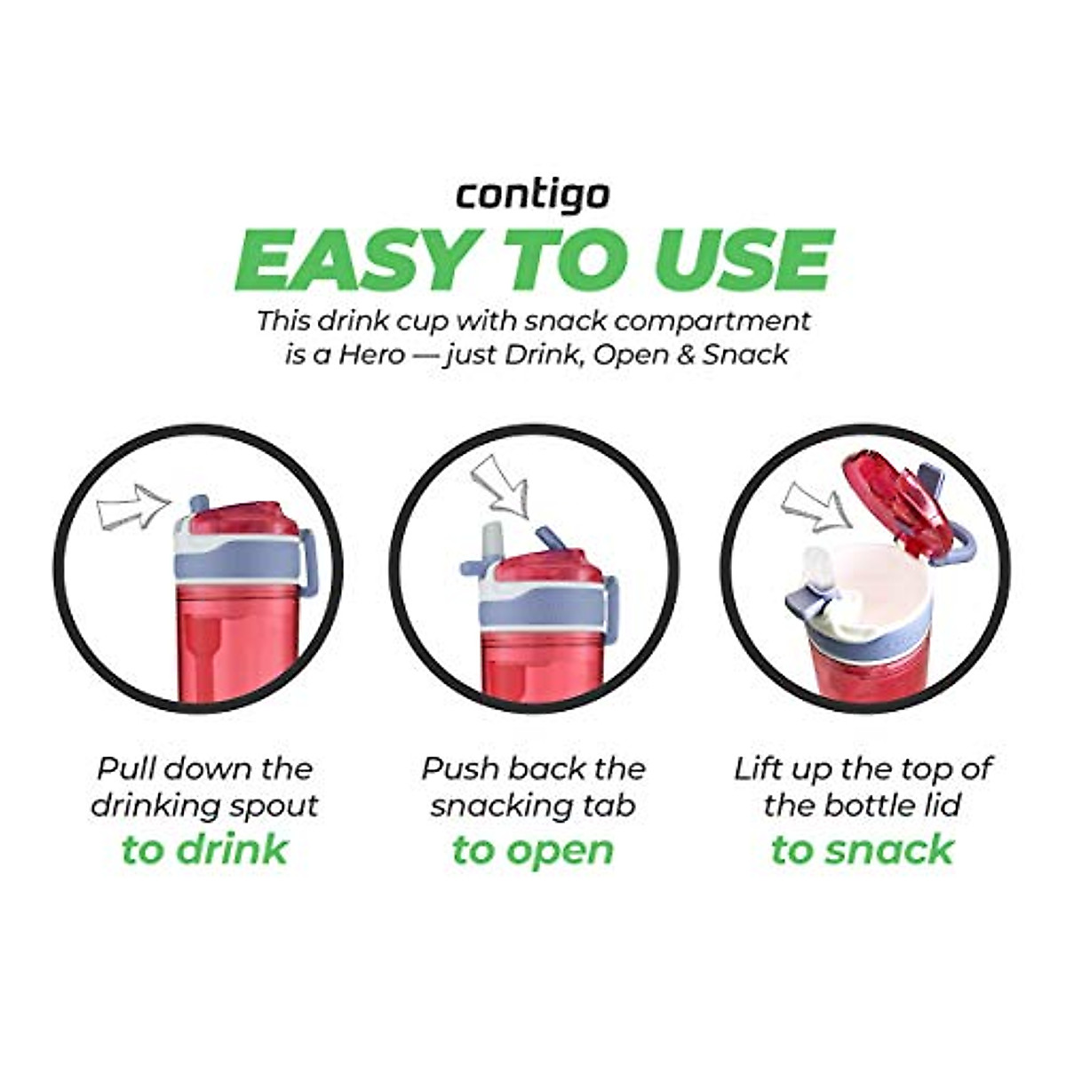 Contigo Snack Hero Water Bottle Set, 2-in-1 Water Bottle with 4oz Snack Compartment & 13oz Spill-Proof Water Bottle - Red & Blue