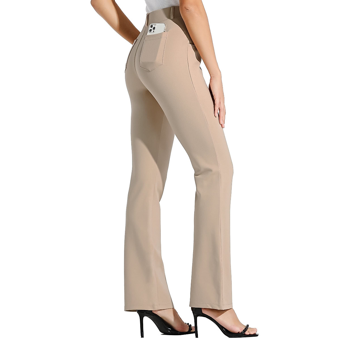 Willit 33" Women's Yoga Dress Pants Bootcut Work Slacks Stretch Office with Belt Loops 4 Pockets Khaki XXL