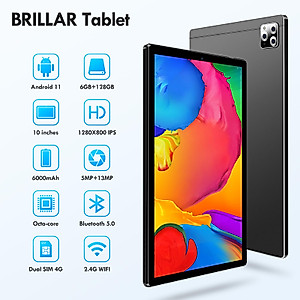 BRILLAR 10 inch Android Tablet, 6 GBRAM+128GB ROM 1TB Expandable, 8-core Processor, Dual SIM Card Slots, IPS HD Touchscreen and Dual Speakers, 13MP Camera, 6000mAH Long Battery Life, Black