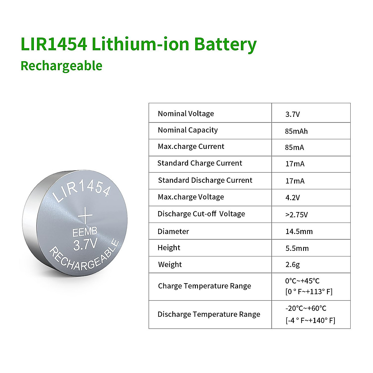 EEMB 4PACK LIR1454 Rechargeable Battery 3.7V Lithium-ion Button Batteries Coin Cell Battery for Earphone Wearable Device Watch