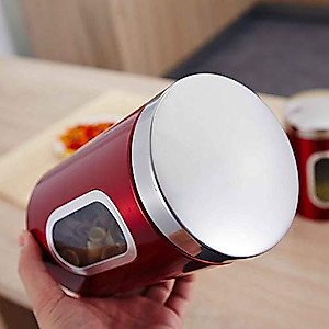 JENNIMER 3PC Kitchen Canister Set for Sugar Food Tea Coffee Candy Storage Jars Stainless Steel with Transparent Windows (Red)