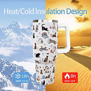 ZNYYZYBA 40 oz Tumbler With Handle and Straw, Cat Tumbler With Leak Proof Lid, Reusable Stainless Steel Insulated Travel Coffee Mug, Gifts for Cat Lovers