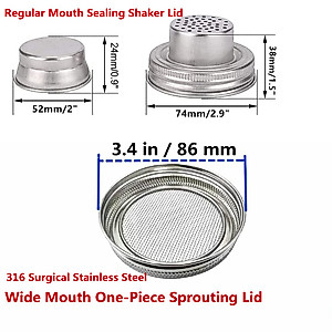 Mason Jar Canning Sealing Shaker Strainer Lid 316 Stainless Steel Wide Mouth Sprouting Lids Screen Mesh Strainer Lid for Salad Sprouts Alfalfa Broccoli Seeds Sprouter Kit Rust-Proof