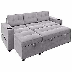 Sofa Bed- 2 in 1 Pull Out Couch Bed with Storage Space and Arms,Sleeper Sofa with Pull Out Bed,L-Shaped Sofa Couch Bed,1 USB-A, 1 Type-C,Pull Out Couch for Living Room ,Linen Sectional Sofa,Grey