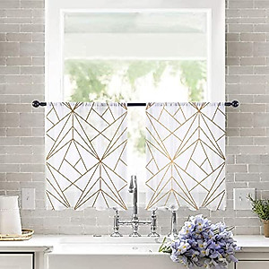 Singingin Chiffon Backdrop Curtain, Gold Yellow Line Geometric Patterned Soft Lightweight Window Drapes Rod Pocket Curtains for Bedroom Living Room Home Office Decor 52 x 45 Inch, 2 Panels