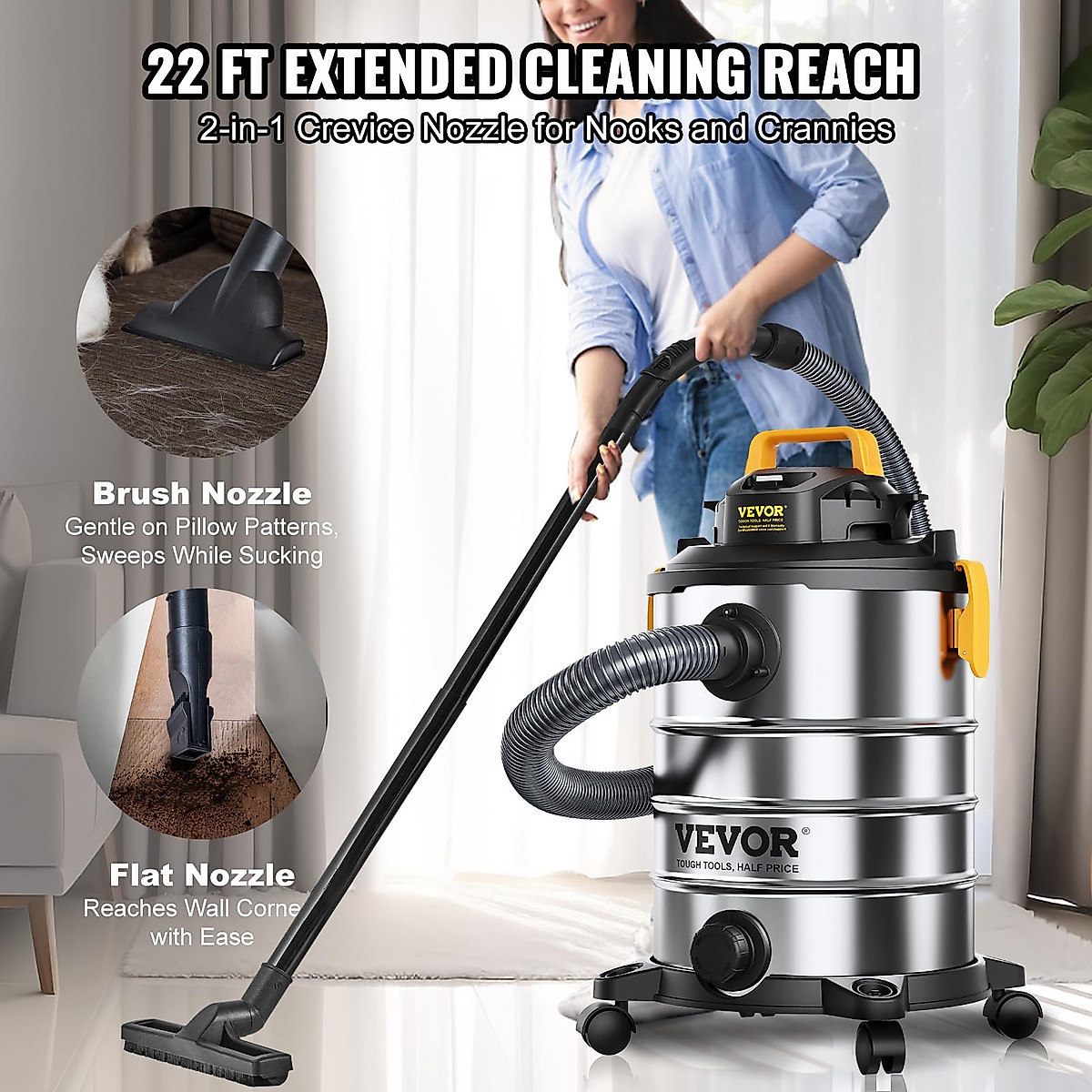VEVOR Stainless Steel Wet Dry Shop Vacuum, 8 Gallon 6 Peak HP Wet/Dry Vac, Powerful Suction with Blower Function w/Attachment 2-in-1 Crevice Nozzle, Small Shop Vac Perfect for Carpet Debris, Pet Hair