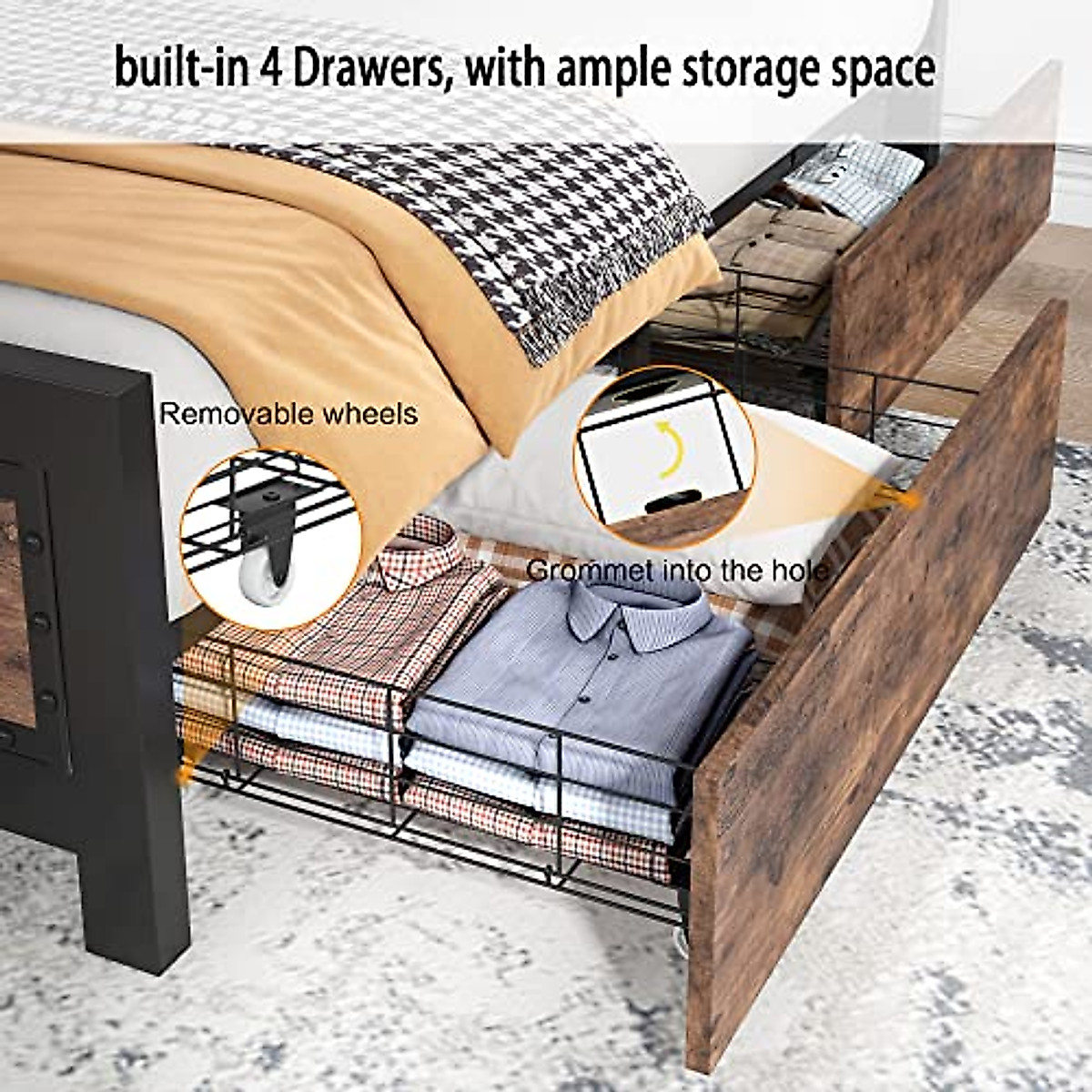 Keyluv King Size Bed Frame with 4 Storage Drawers, Rivet Modern Headboard and Footboard Platform Bed with Solid Wood Slats Support, No Box Spring Needed, Metal Frame Mattress Foundation Noise-Free