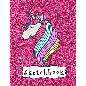 Sketchbook: Cute Unicorn On Pink Glitter Effect Background, Large Blank Sketchbook For Girls, 110 Pages, 8.5" x 11", For Drawing, Sketching & Crayon Coloring (Kids Drawing Books)