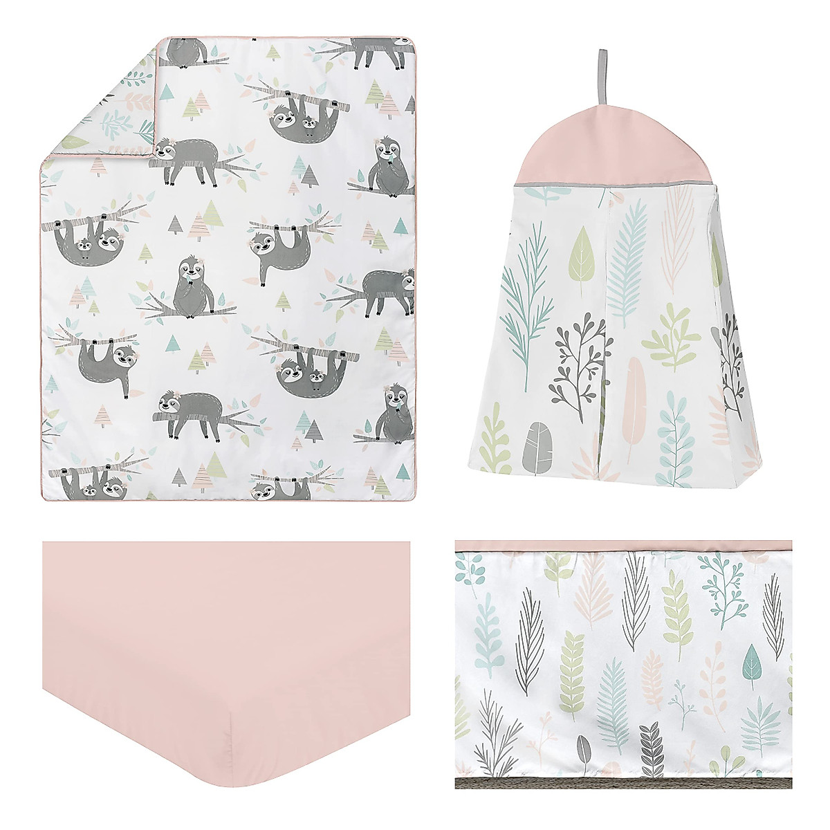 Sweet Jojo Designs Pink and Grey Jungle Sloth Leaf Baby Girl Nursery Crib Bedding Set - 4 pieces - Blush, Turquoise, Gray and Green Tropical Botanical Rainforest